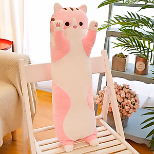 Handytoolinc Soft Cat Plush Pillow Long Stuffed Animals Sleeping Pillow Cotton Kitten Pillow Cute Long Body Pillow Gift for Kids Girlfriend (19.7inch/50cm,Pink)