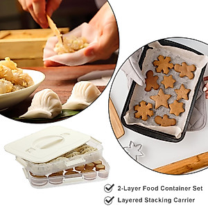 BTSKY Plastic Food Storage Container with lids, Dumpling Storage Box, Cookie Carrier Cookie Sheet with Lid, Portable Large Food Container for Snack, Fruit, Vegetables, Meat, Wontons(2-Layer, White)