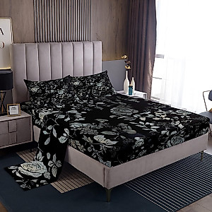 Feelyou Rose Sheet Set Full Size Kids Rose Floral Print Sheets with Deep Pocket Fitted Sheet for Boys Girls Teens Romantic Flowers Pattern Bed Sheets Set Black Bedding Set