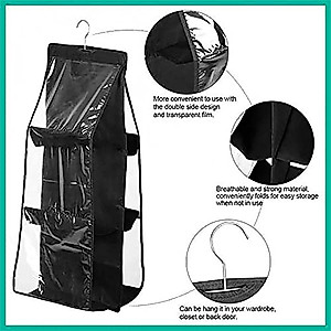 3 Layers Storage Bag for 6 Pockets Hanging Purse Handbag Organizer Clear Hanging Shelf Bag, Hanging Wardrobe Closet, Space Saving Organizers, Gift for Family (Black)