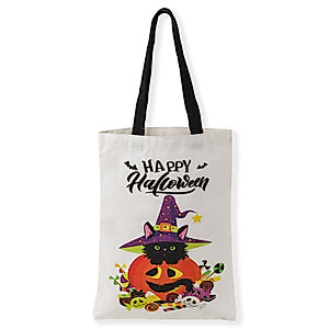ATFUNSHOP Halloween Tote Bag 15.7'' Trick or Treat Bag Halloween Canvas Bags Reusable Large Halloween Grocery Bag for Kids Cat