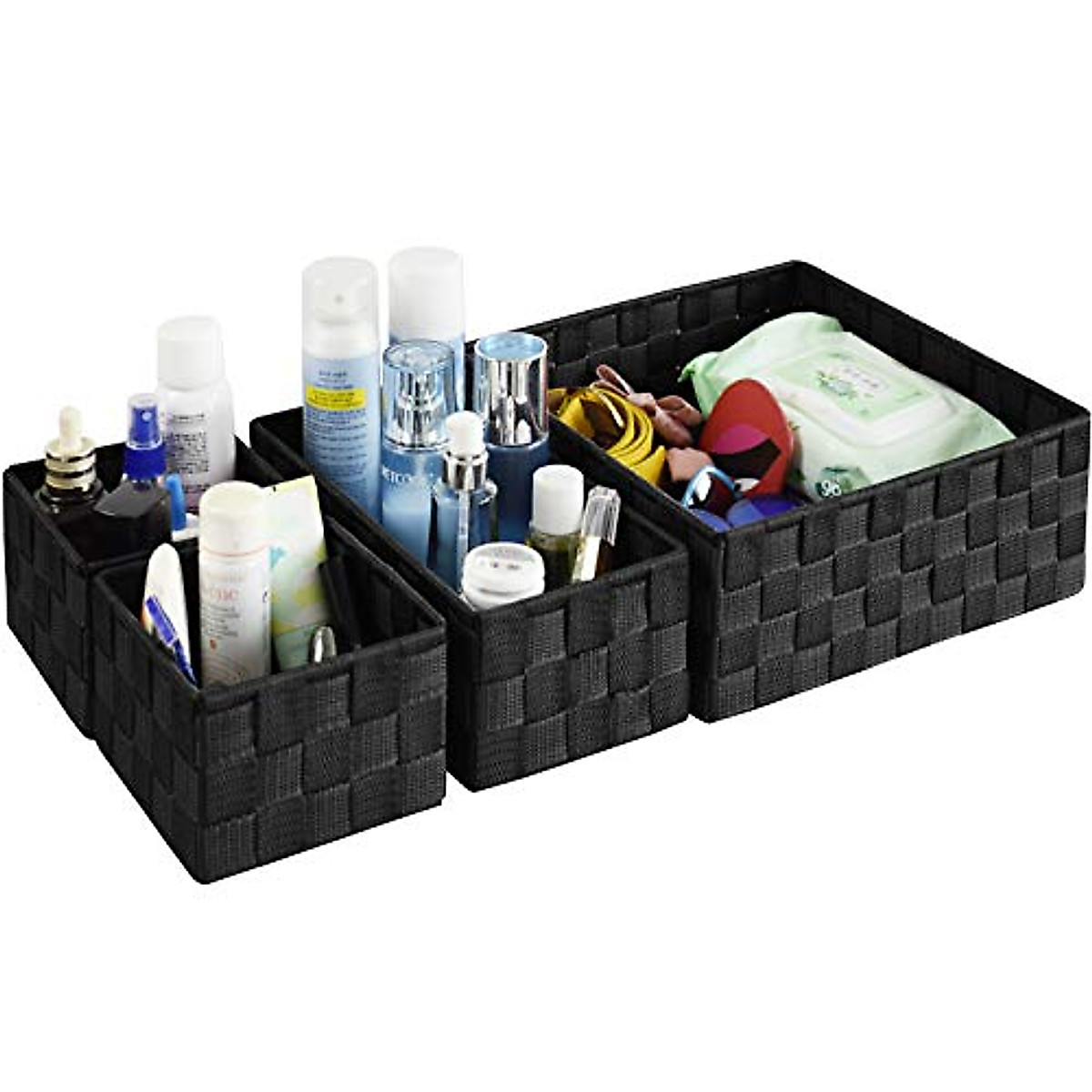 Woven Storage Box Cube Basket Drawer Organizer Divider Basket Box, Storage Tote Bins for Bathroom, Kitchen, Cabinet, Closet, Shelf, Dresser, Store Snacks, Cereal, Baking Supplies, Set of 4 (Black）