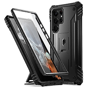 Poetic Revolution Case Compatible with Galaxy S22 Ultra 5G 6.8 inch, Full Body Rugged Shockproof Protective Cover Case with Kickstand, Built-in Screen Protector Work with Fingerprint ID, Black