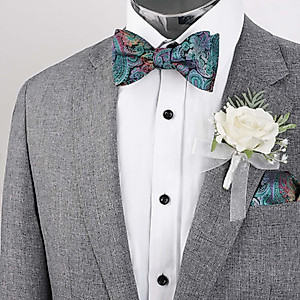 Alizeal Men's Retro Paisley Self-Tie Bow Tie and Handkerchief Set (Peacock Blue)