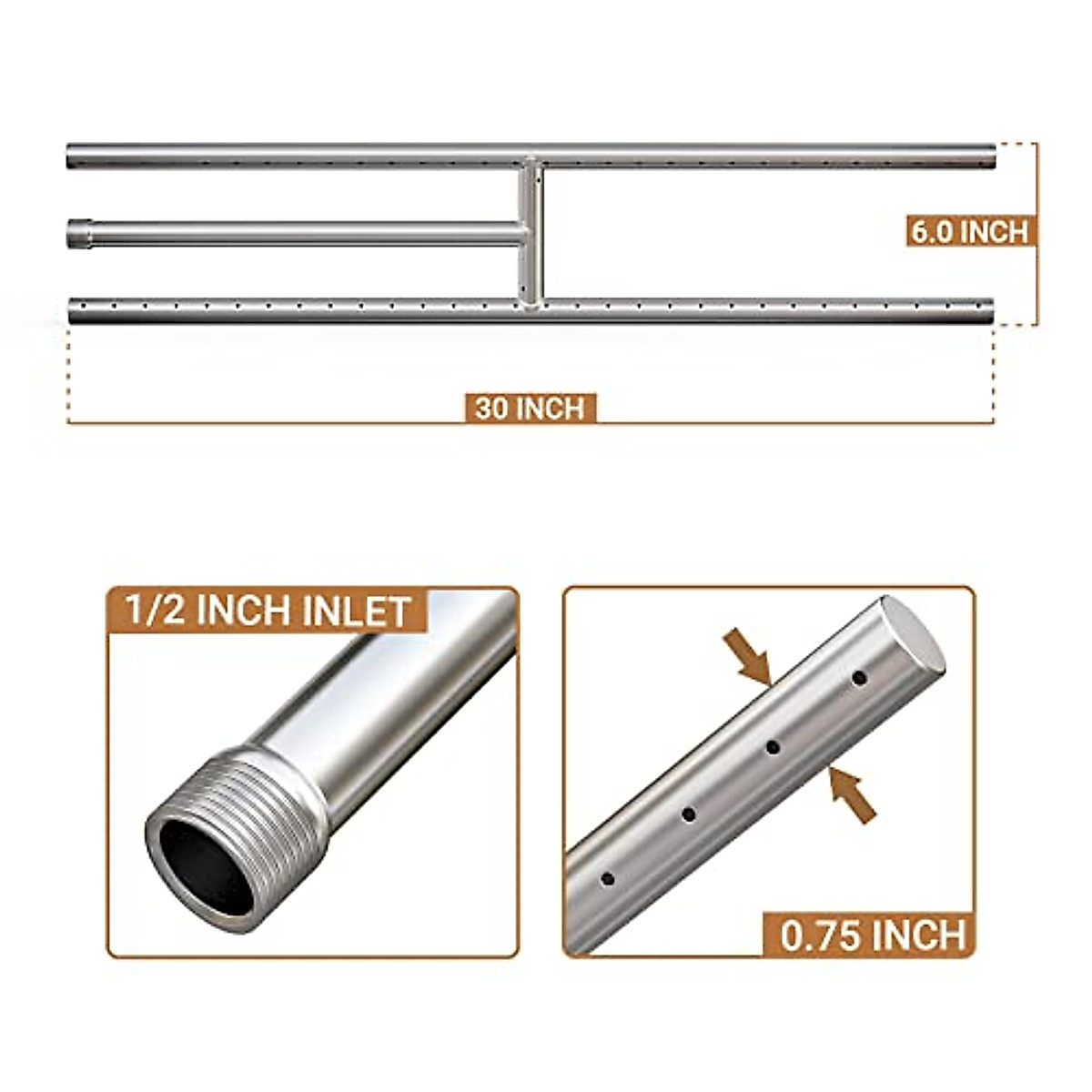 Onlyfire Stainless Steel Fireplace H-Burner for Natural Gas & Propane Fire Pit and Fireplace, 30 x 6 Inch Rectangular DIY Firepit H Burner for Indoor and Outdoor, BTU Max 150,000