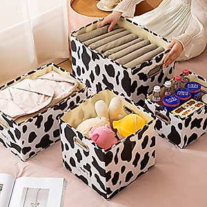 PRANDOM Collapsible Storage Baskets for Closet [3-pack] Decorative Linen Fabric Storage Bins Cubes with Metal Handles for Shelves Bedroom Living Room Cows (11.5x8.5x6.7 Inch)