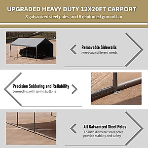 12x20ft Carport Heavy Duty, Upgraded Portable Garage with Reinforced Steel Poles, Large Car Canopy with Removable Sidewalls and Ventilated Windows, UV Resistant All-Season Tarp for Car, Truck, Boat