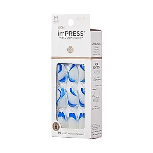KISS imPRESS Press-On Manicure Fake Nails, Medium Coffin, Mesmerize, Blue, Comfortable, Super Hold Adhesive, No Glue/Polish, Chip Proof, No Dry Time, Smudge Proof, Waterproof | 30 Count