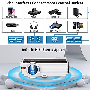 6200LM WiFi Bluetooth Projector Wireless HD Movies Projector 1080P LED Home Theater Projector 200” Display Compatible with Smartphone, Laptop, HDMI, USB, VGA, TV Stick, PS4 for Outdoor Entertainment