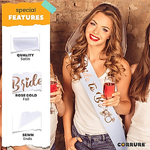 CORRURE 'Bride to Be' Bachelorette Party Sash - Bridal Shower White Satin Sash with Rose Gold Foil Lettering - Hen Party Decorations Supplies Accessories, Wedding Engagement Party Favors Gift