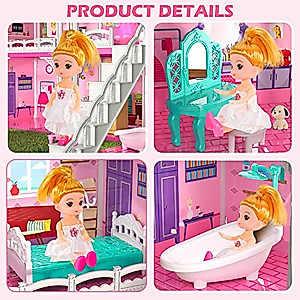 Doll House, Dream House Furniture Pink Girl Toys, 4 Stories 10 Rooms Dollhouse with 2 Princesses Slide Accessories, Toddler Playhouse Gift for for 3 4 5 6 7 8 9 10 Year Old Girls Toys