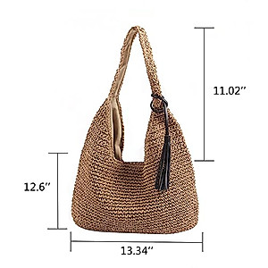 QTKJ Hand-woven Soft Large Straw Shoulder Bag with Black Tassels Boho Straw Handle Tote Retro Summer Beach Bag Rattan Handbag (Brown)