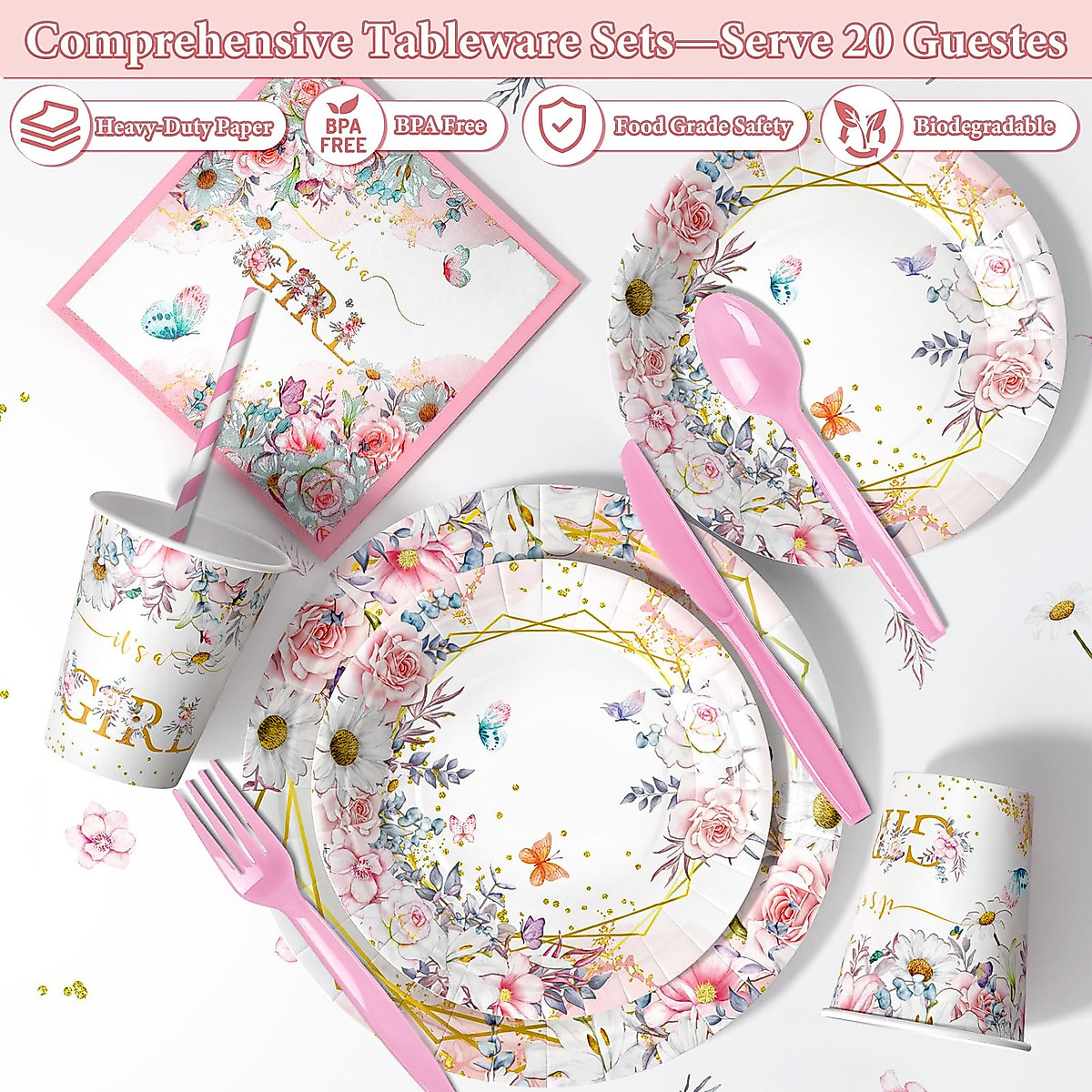 Baby Shower Decorations for Girl, 274Pcs Girl Baby Shower Decorations Party Supplies (20 Guests) Floral Baby Shower Decor It Is A Girl Backdrop Banner for Pink Baby Shower with Plates Cups Balloons