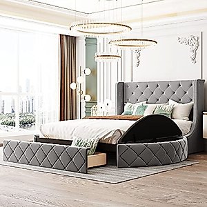 BOVZA Queen Size Platform Bed Frame, Velvet Upholstered Bed with Wingback Headboard and and 1 Big Drawer, 2 Side Storage Stool, No Box Spring Needed, Gray