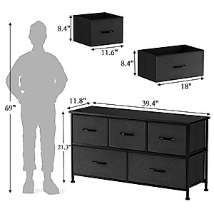 JUMMICO Fabric Dresser for Bedroom, Tall Wide Dresser with 5 Drawers, Storage Tower with Fabric Bins, Dresser Fabric Box Steel Frame, Wood Top Drawer Chest TV Stand for Closet, Living Room (Black)