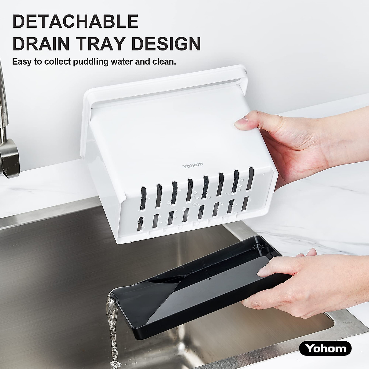 YOHOM Kitchen Sink Caddy Sponge Holder Organizer Brush Holder 2-in-1 Sinkware Caddy with Sink Drain Tray for Kitchen Dish Sponge Holder with 4 Adjustable Divider