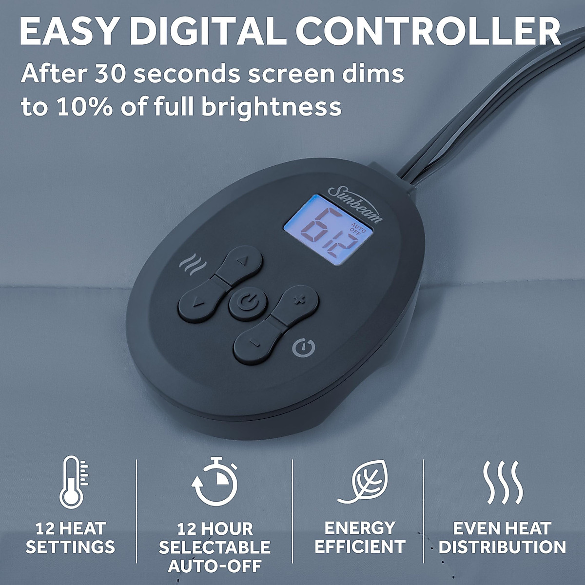 Sunbeam Restful Quilted Electric Heated Mattress Pad Queen Size, 60" x 80", Upgraded Memory Controller with 12 Heat Settings, 12-Hour Selectable Auto Shut-Off, Fast Heating, Machine Washable