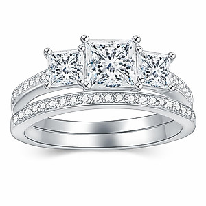 Princess Cut Wedding Ring Set for Women White Gold 3 Stone Moissanite Bridal Ring Set Engagement Ring Set 10K 14K 18K Gold Anniversary Promise Rings for Her with Text Engraving（10K