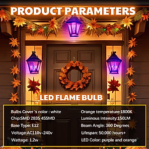 VIHOSE 4 Pcs E12 LED Flame Light Bulbs 3 Mode Flickering Fire Light Bulb E12 Candelabra Chandelier Base Candle Flame Lamp Halloween Christmas Party Porch Indoor Outdoor, 1.2 W, 1800 K(Purple, Orange)