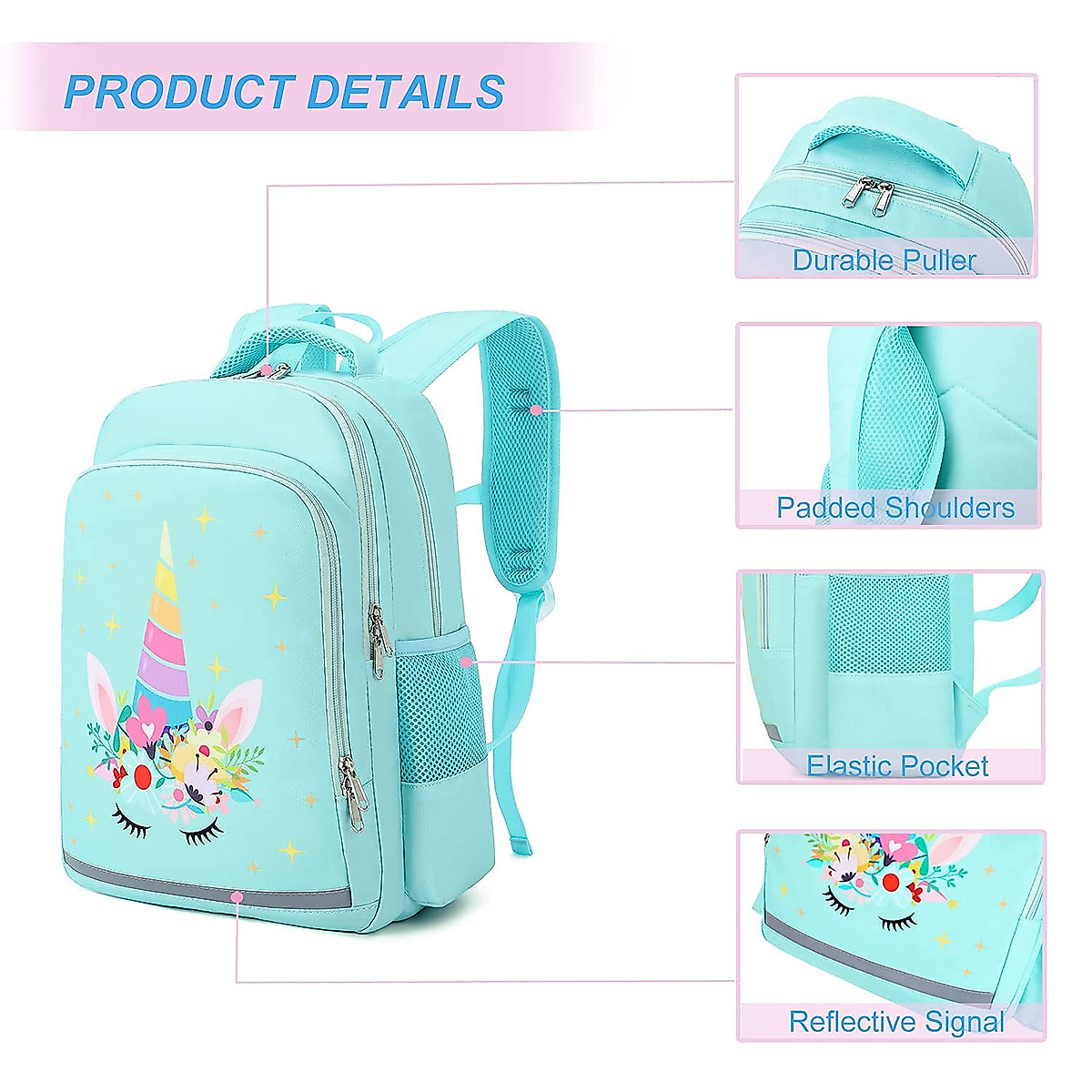 Soekidy Unicorn Backpack for Girls Kids Backpacks Toddler Bookbags with Lunch Box Pencil Bag 3 in 1 Sets School Bags for Age 3+ (Green Unicorn)