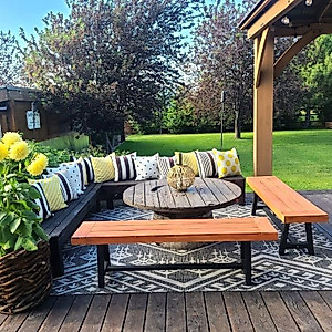 PHI VILLA Outdoor Acacia Wood Bench, 2 Pieces 63" Patio Picnic Bench Farmhouse Dining Bench for 6 People Backless Oil Finished Teak Bench Supports 550lbs, Classic Brown and Black