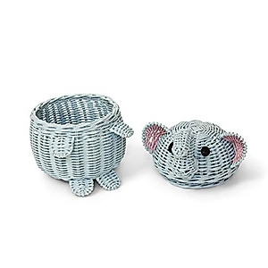 G6 COLLECTION Elephant Rattan Storage Basket With Lid Decorative Bin Home Decor Hand Woven Shelf Organizer Cute Handmade Handcrafted Nursery Gift Animal Decoration Wicker Elephant (Small, Blue)