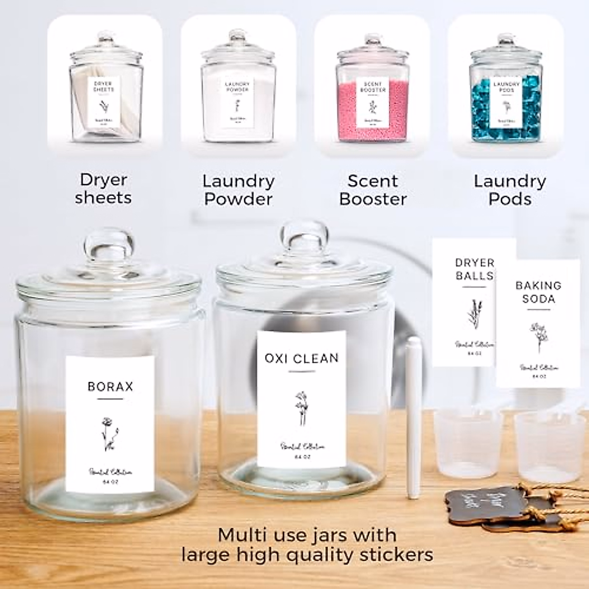 Arjust Glass Jars for Laundry Room Organization Jars Half Gallon Laundry Pods Container with Scoops Labels Chalkboards eBook Laundry Jars for Detergent Powder Dryer Balls Scent Boosters Dryer Sheets