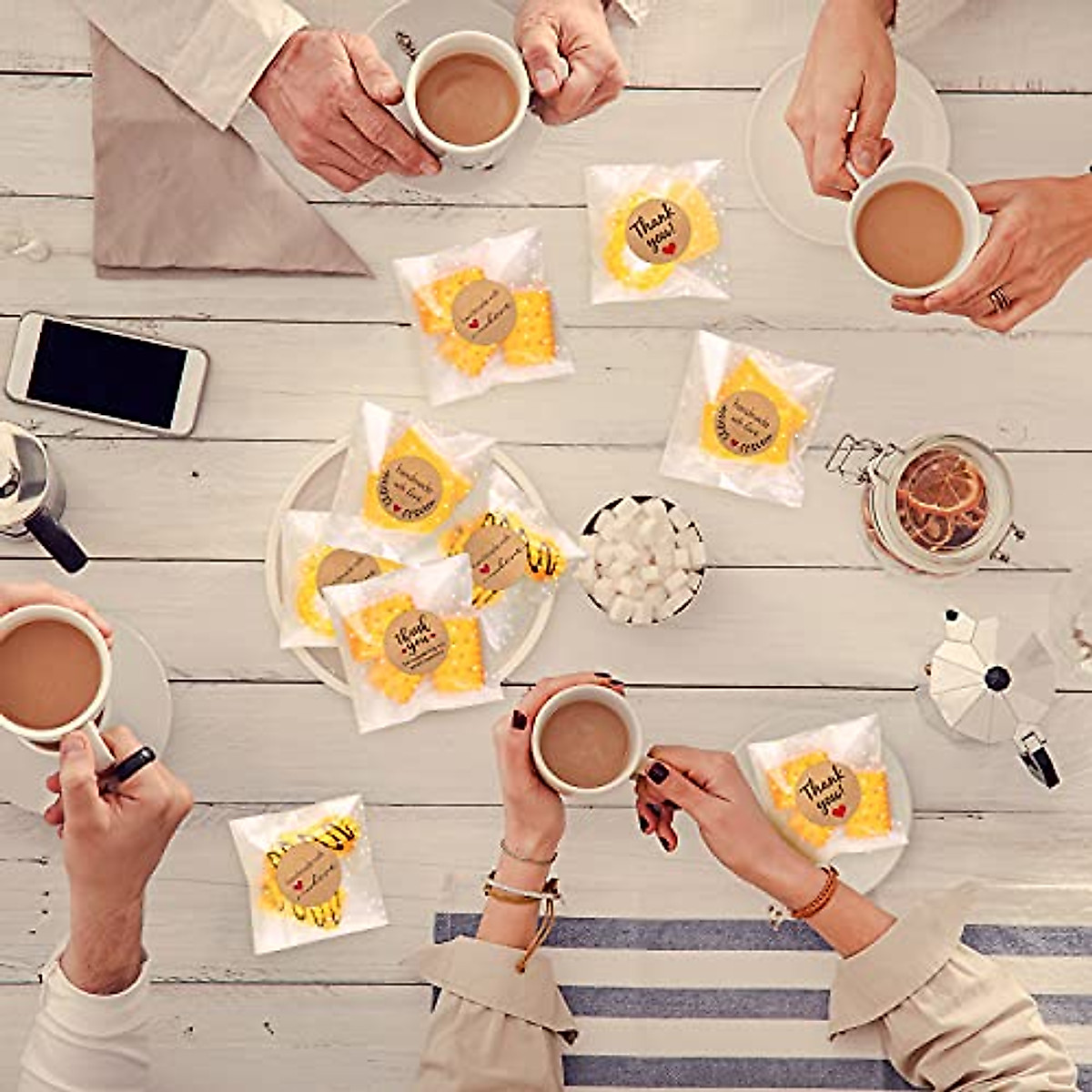 Zonon 200 Pieces Clear Cookie Bags Self Adhesive Cellophane Treat Bags, White Polka Dot Frosted Candy Bags and 240 Pieces Thank You Love Sticker for Cookie Chocolate Jewelry