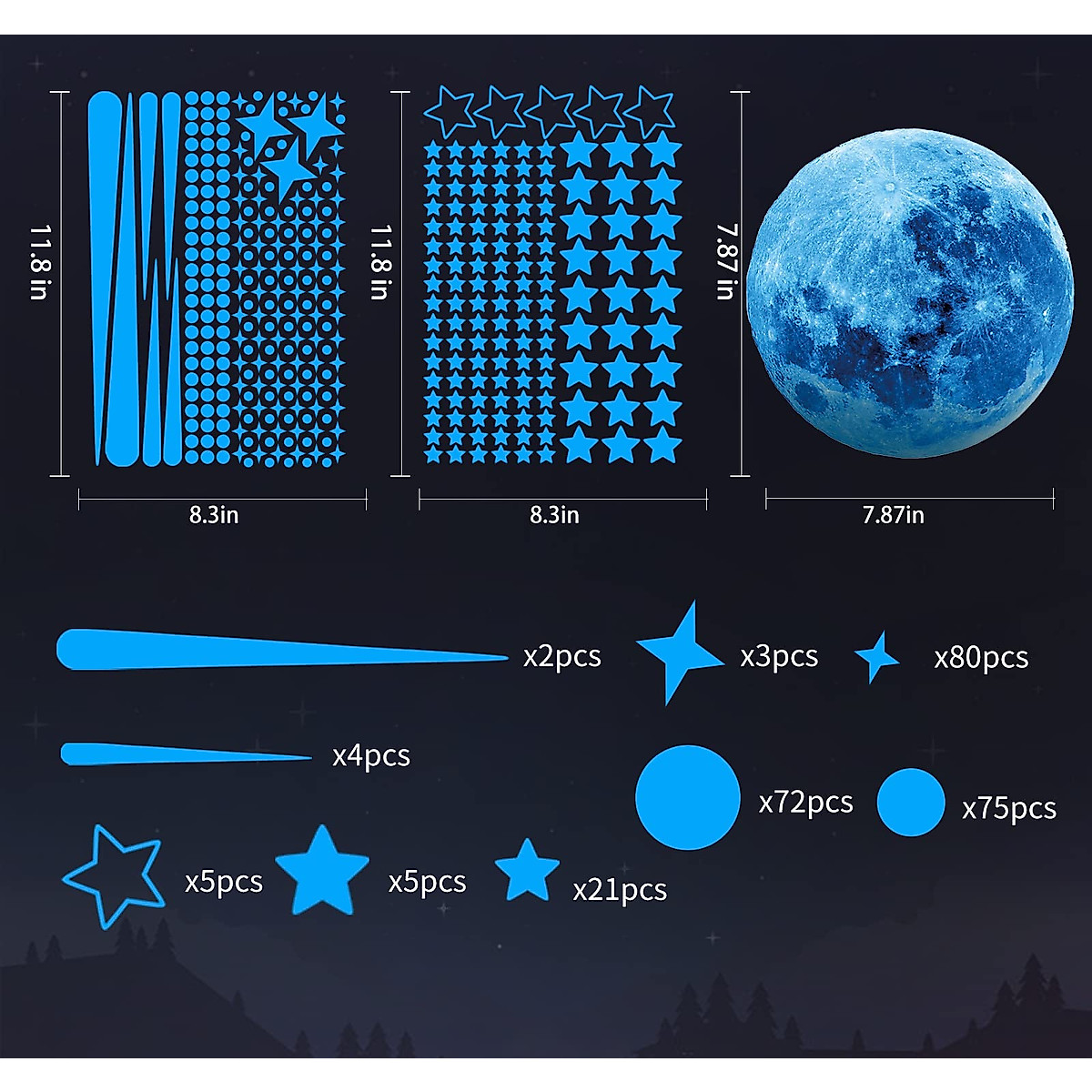 Glow in The Dark Stars for Ceiling - Glow in Moon and Stars Wall Decals for Bedroom,Starry Wall Decor for Baby Nursery Girls Boys Room