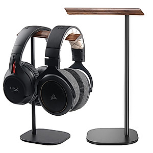 G GVOEARS Headphone Stand, Walnut Wood Headset Stand, Support Dual Headphones Suspension & Aluminum Alloy Support Rod Hanger, Dual Headphones Stand,Headset Holder