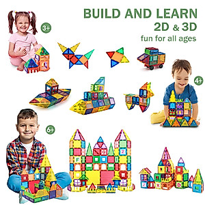 JUMAGA 3D Magnetic Tiles and Stack Building Toys 108pcs Magnet Blocks Set with Alphabet Card STEM Educational Preschool Birthday Gifts for Toddlers Kids Age 3+