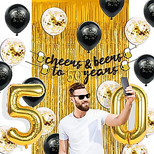 50th Birthday Decorations for Men, 50th Birthday Decorations for Men, Black and Gold 50th Birthday Decorations with 40Inch Gold 50 Number Balloons, Birthday Banner, Latex Balloon, Fringe Curtains and Foil Balloons (50th)