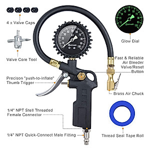 AstroAI Tire Pressure Gauge with Inflator, 100 PSI-ANSI B40.1 Accurate, Large 2.5" Easy Read Glow Dial, Heavy Duty Air Chuck and Compressor Accessories with Rubber Hose and Quick Connect Coupler