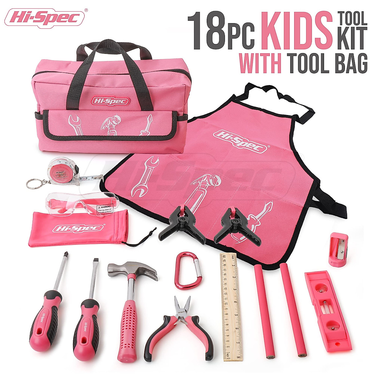 Hi-Spec 18pc Pink Kids Tool Kit Set & Child Size Tool Bag. Real Metal Hand Tools for DIY Building, Woodwork & Construction