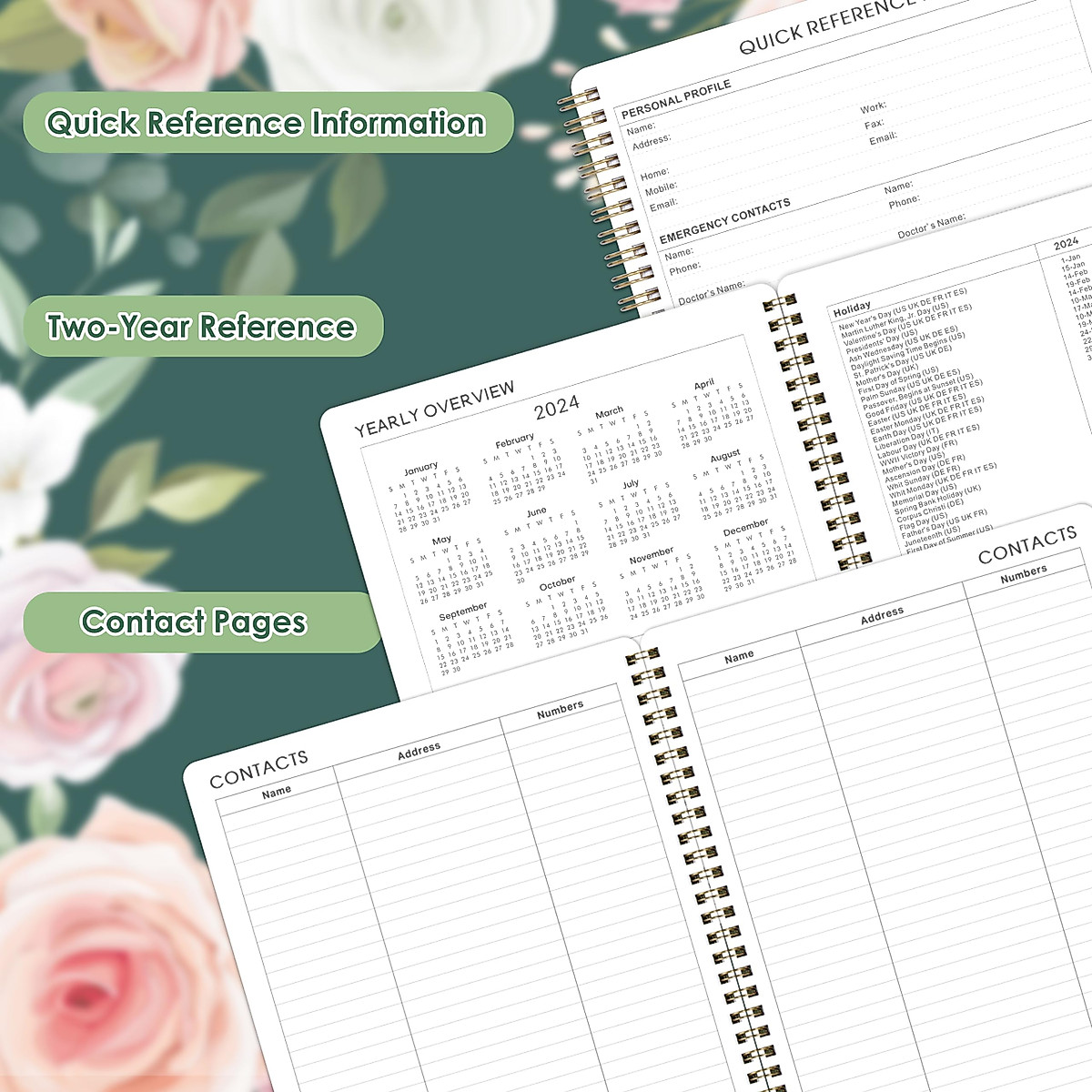 2024 Planner - Planner/Calendar 2024, Jan 2024 - Dec 2024, 2024 Planner Weekly and Monthly with Tabs, 8" x 10", Flexible Cover + Thick Paper + Twin-Wire Binding, Perfect Daily Organizer - Floral