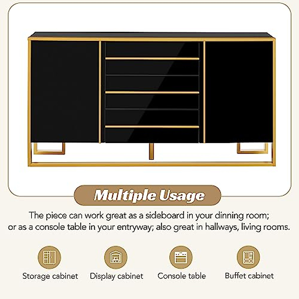 WADRI 59" Sideboard with 3 Drawers and 2 Cabinets, Wood Accent Storage Cabinet with Adjustable Shelves and Gold Metal Legs, Cabinet Console Table for Living Room, Home Office (Black + MDF-A46)