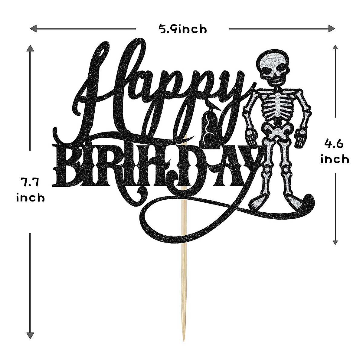 Black Glitter Skeleton Happy Birthday Cake Topper, Skull Spooky Birthday Party Décor, Halloween Theme Birthday Party Decoration Supplies