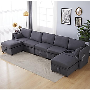 RVEE U-Shaped Convertible Sectional Sofa with USB Charging Station Wide Chaise Lounge Modern Modular Couch with Ottomans Sleeper Sofa with Storage Seat (Dark Gray, U-Shaped 7 Seater B)