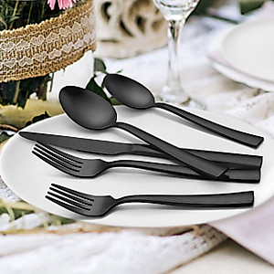LIANYU 45-Piece Matte Black Silverware Set with Serving Utensils, Stainless Steel Flatware Cutlery Set for 8, Square Tableware Eating Utensils Set for Wedding Home, Satin Finish, Dishwasher Safe