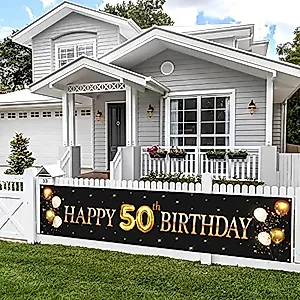 Kimini-Ki Happy 50th Birthday Banner, Lager 50th Birthday Banner Backdrops, 50th Years Old Decor, 50th Birthday Party Decorations for Men or Women - Black and Gold (50th)