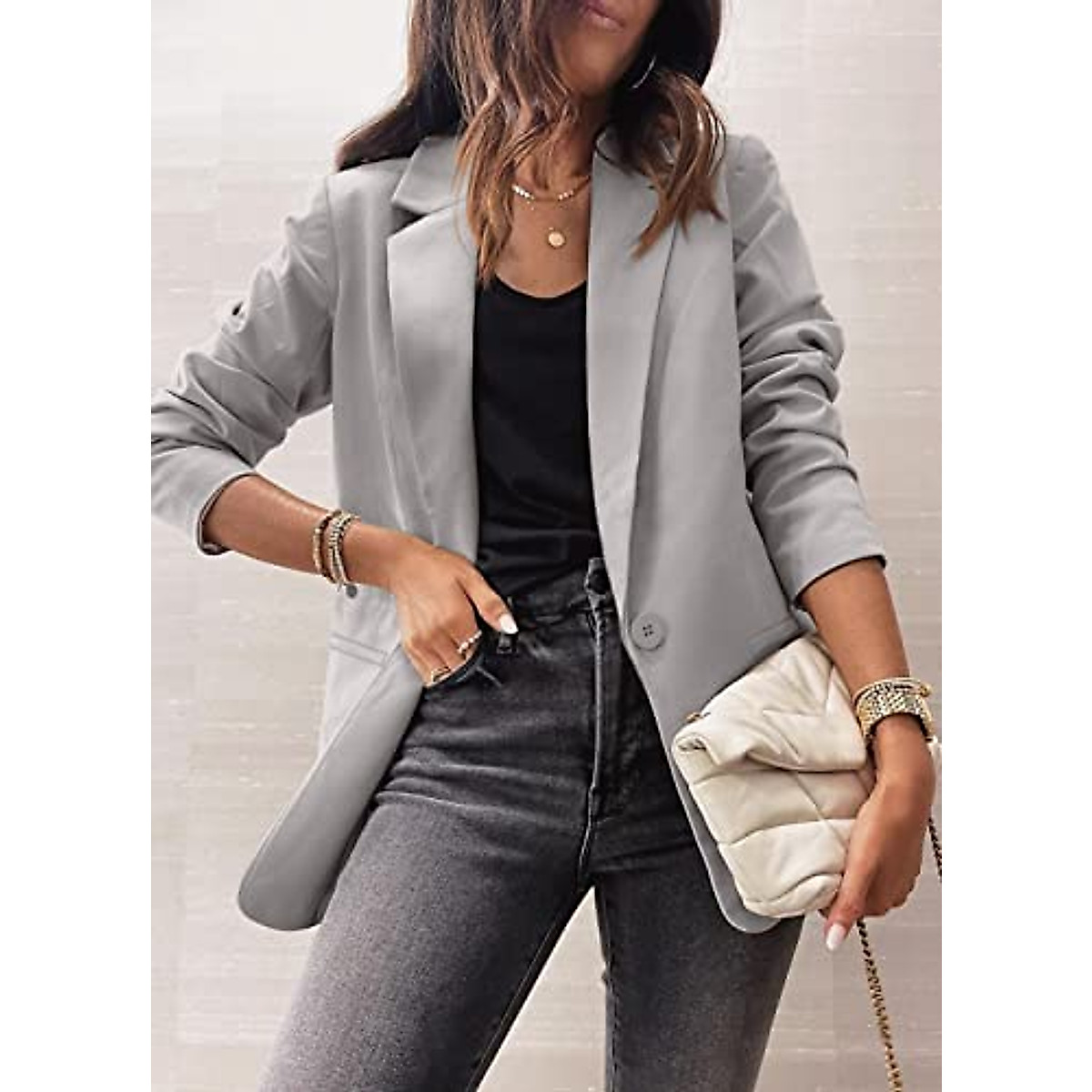 Micticsi Blazers for Women Fashion Casual Blazer Long Sleeve Open Front Office Work Suit Jackets (Grey, Large)