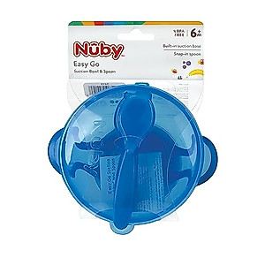 Nuby Easy Go Suction Bowl with Lid and Snap-in Spoon, Colors May Vary