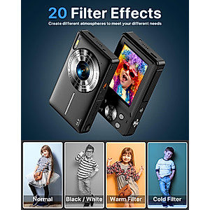 Digital Camera, FHD 1080P Kids Camera 44MP Compact Digital Camera with 32GB Card, 1 Batteries 16X Digital Zoom Point and Shoot Digital Cameras Gift for Kids Boys Girls Teens (Black)