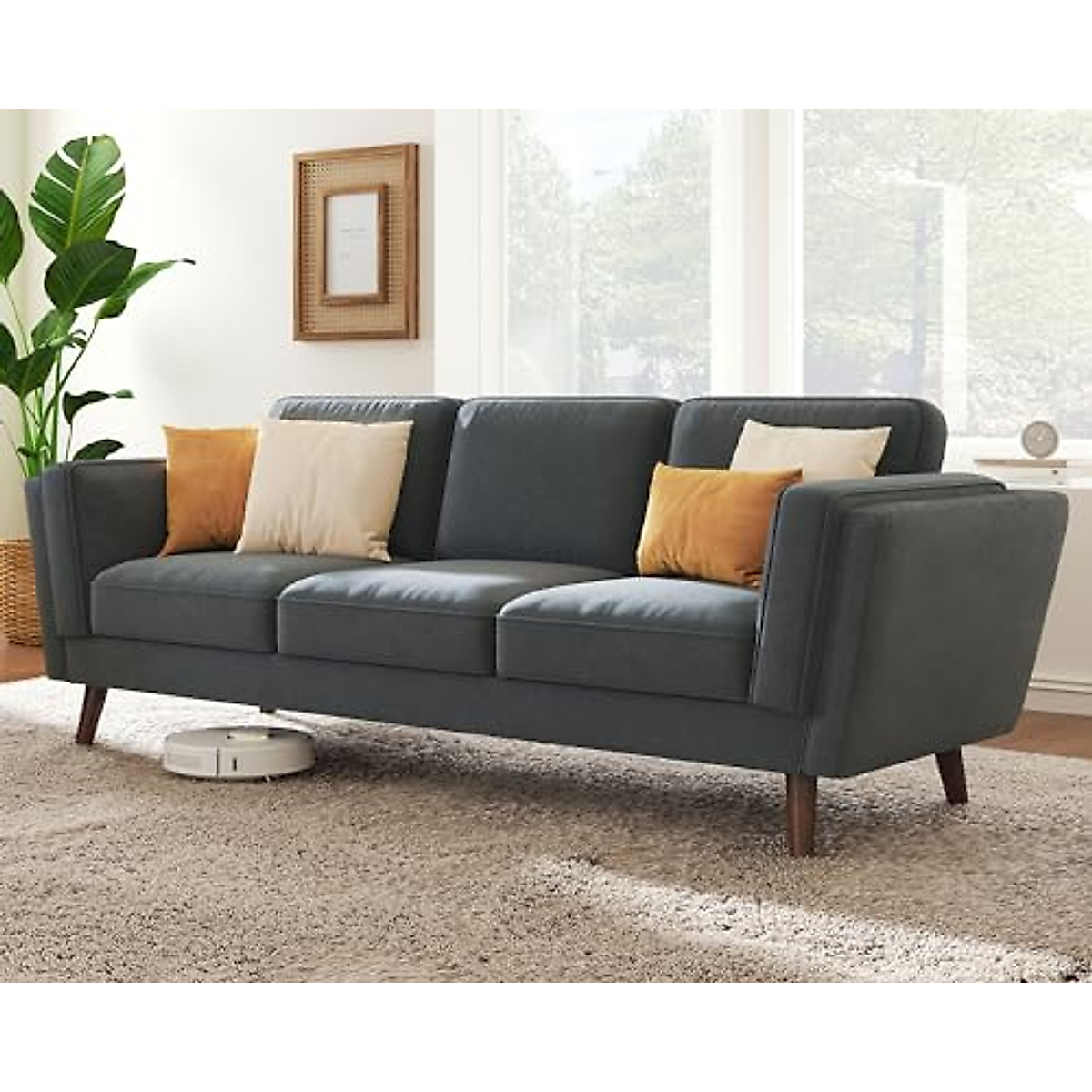 papababe 87" Sofa, Modern Sofa for Livingroom- Deep Seat Sofa Couch with Embedded Arm Pillow, Dark Grey Sofa