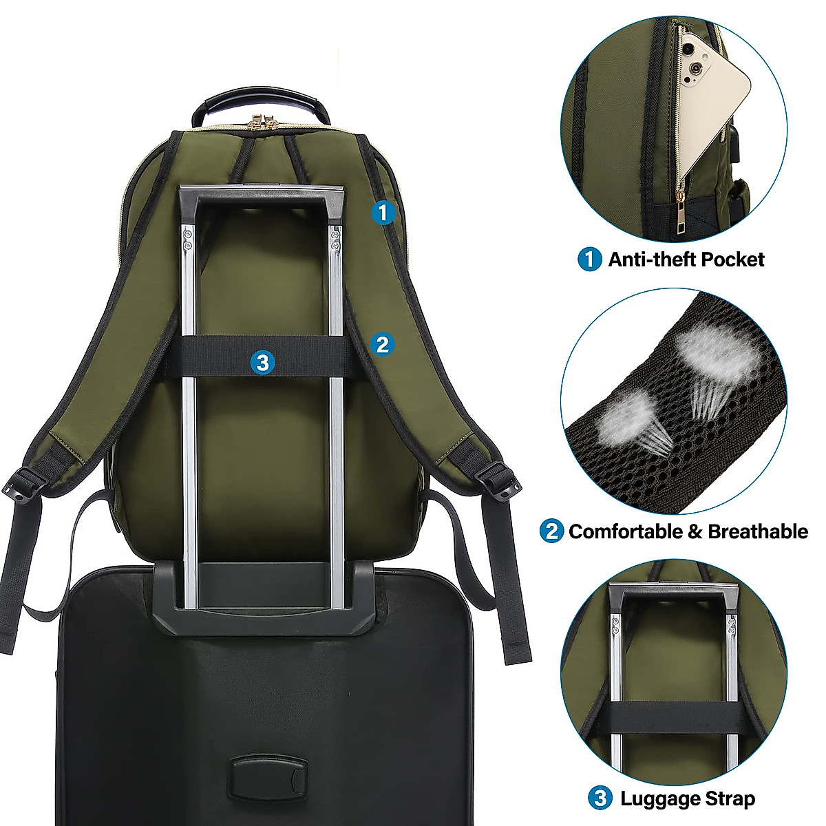 LOVEVOOK Laptop Backpack Purse for Women, Work Business Travel Computer Bags, College Nurse Backpack for Womens, Quilted Casual Daypack with USB Port, Fit 15.6 Inch Laptop, Army Green