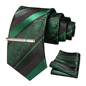 JEMYGINS Dark Green Floral Tie, Silk Necktie and Pocket Square Hankerchef Tie Clip Sets for Men(3)