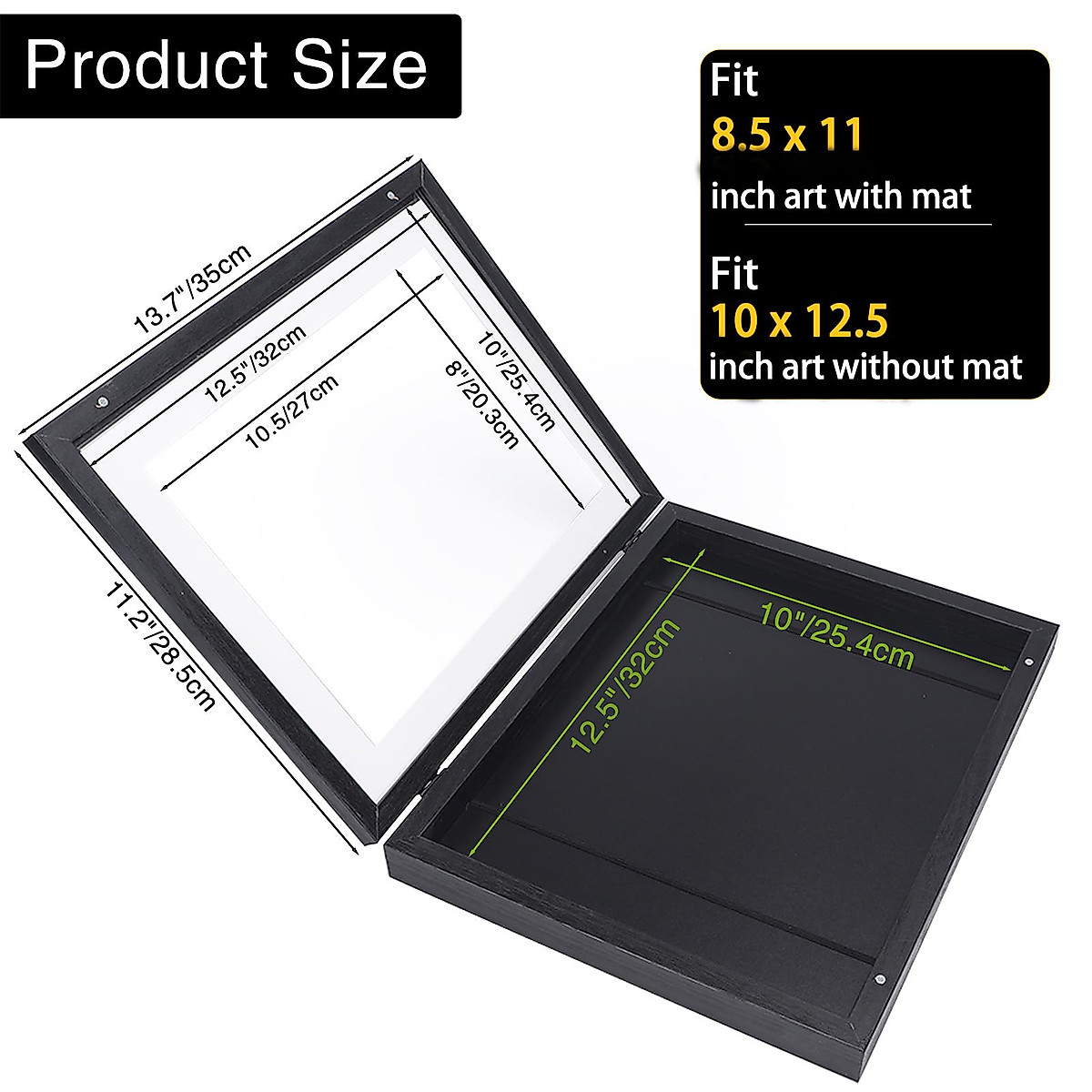 Giftgarden Black Kids Art Frame Changeable, Matted Display 8.5x11 Picture with Mat or 10x12.5 without Mat, Hinged Wood Frames for Children Artwork Projects Drawing Storage, Holds 150Pcs A4