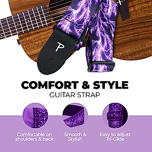 Perri’s Leathers Adjustable Guitar Straps for Kids, Men & Women - Polyester Guitar Strap for Acoustic, Bass and Electric Guitar - Adjustable Size – Metallica Purple Ride the Lightning Style