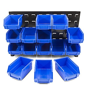 DJC Supply Heavy Duty Storage Bin Set & Steel Panel for Hanging Bin, Bench Mountable Steel Rolled Panel, 15 Bins included, Great for organzing Tools, Parts, and More. (20"X13" Bench Panel Set)