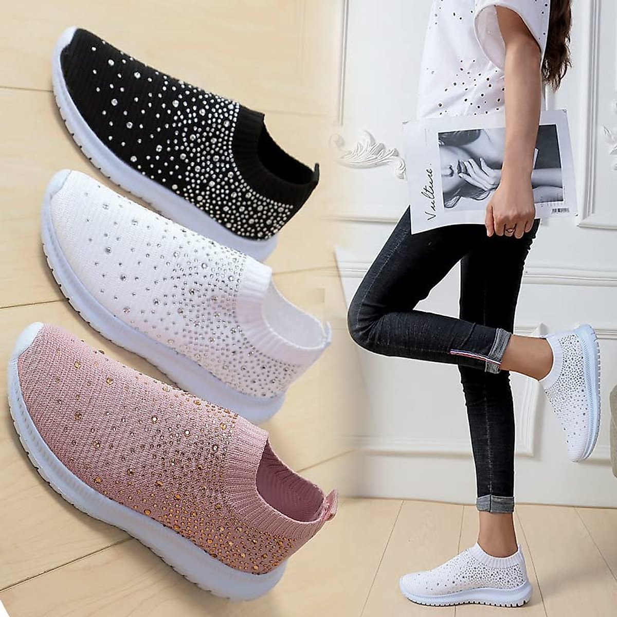 Women's Crystal Breathable Slip-On Walking Shoes, Sparkly Glitter Mesh Sneakers Athletic Walking Shoes, Ladies Casual Trainers Sock Jogging Shoes (Black,38)